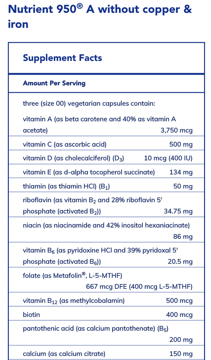 Pure Encapsulations - Nutrient 950 A without copper & iron - 180 ...