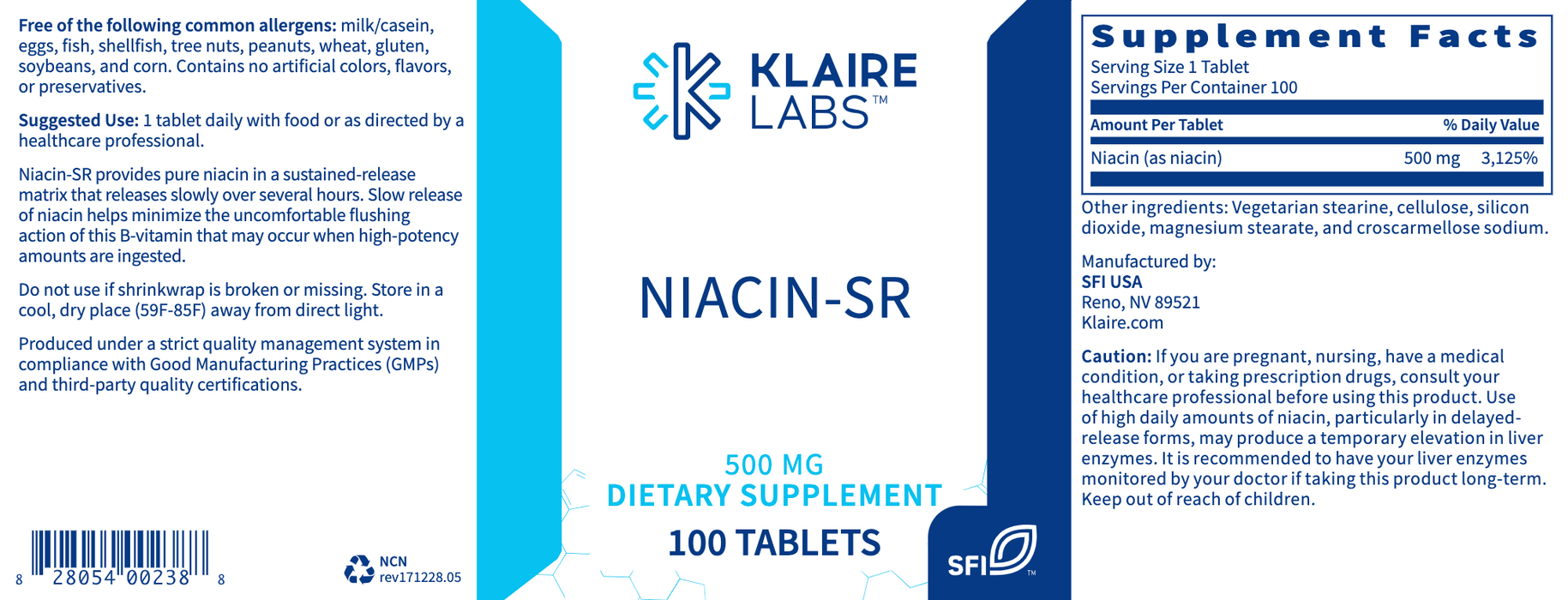 Klaire Labs - Niacin-SR - 500 mg - 100 Tablets — Pine Street Clinic