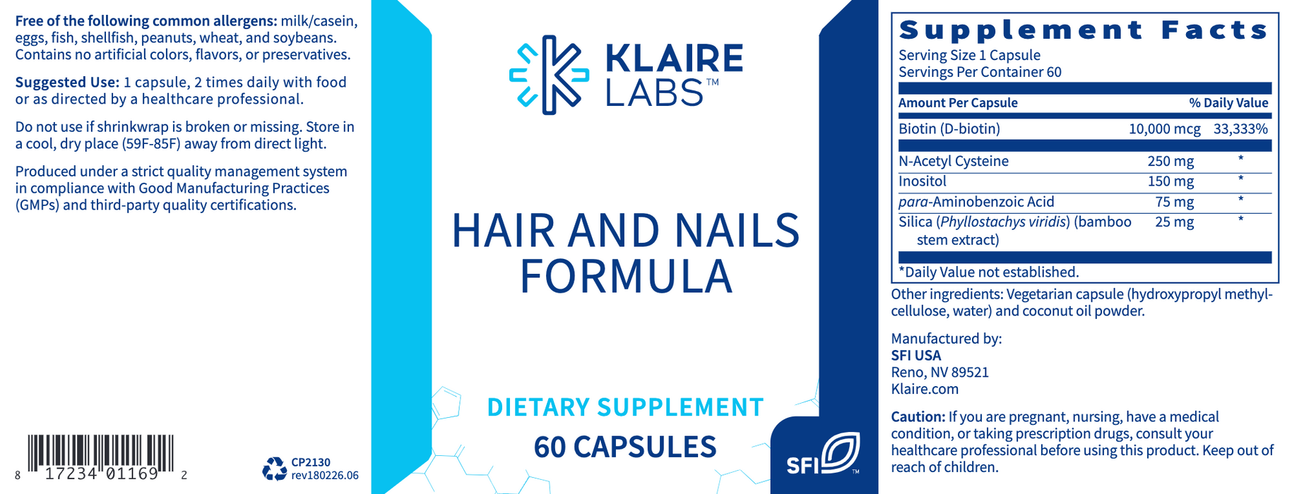 Klaire Labs - Hair and Nails Formula - 60 Capsules — Pine Street Clinic