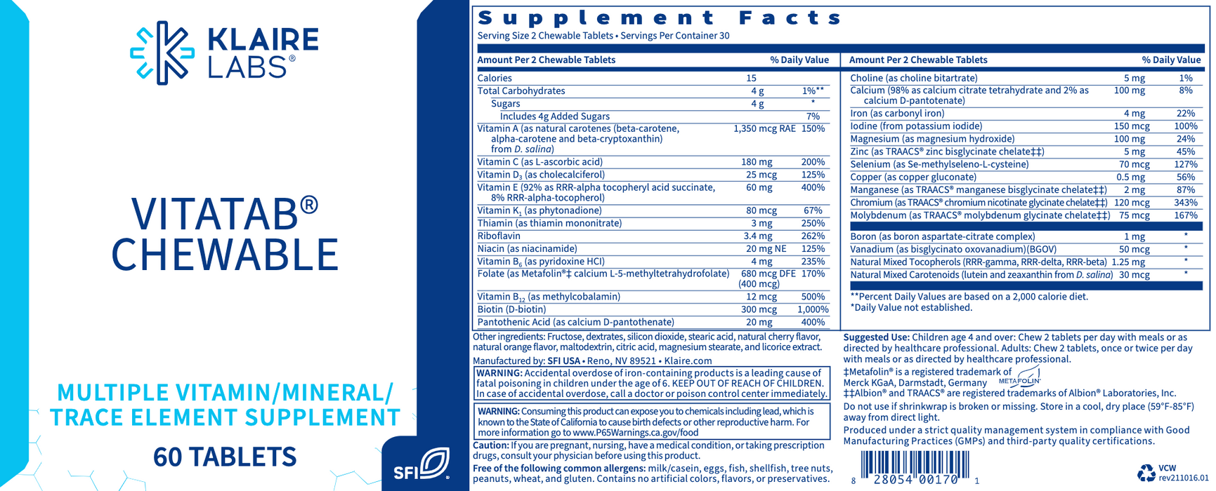 Klaire Labs - VitaTab - 60 Chewables — Pine Street Clinic